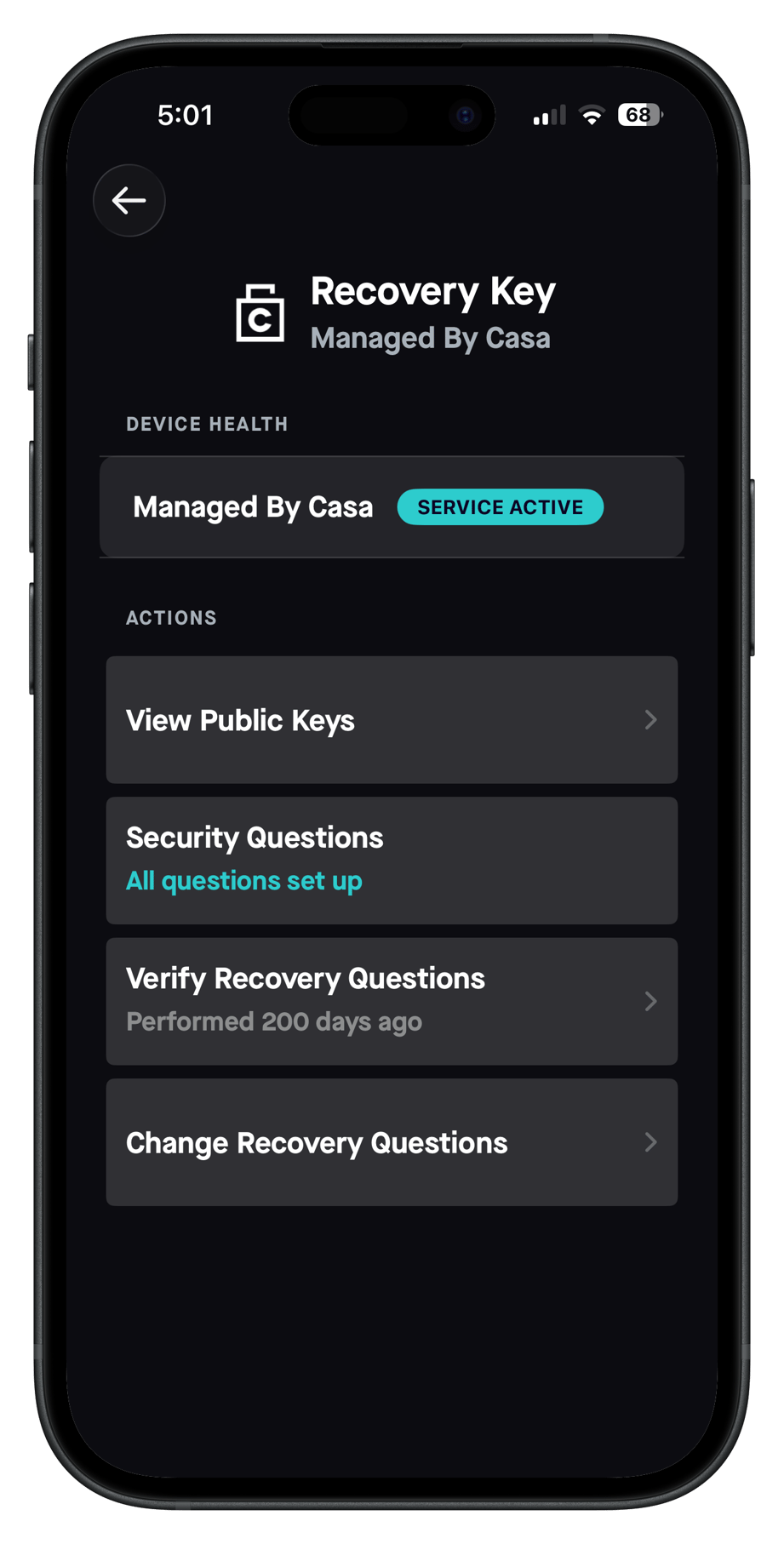 Performing a health check for Casa Recovery Key